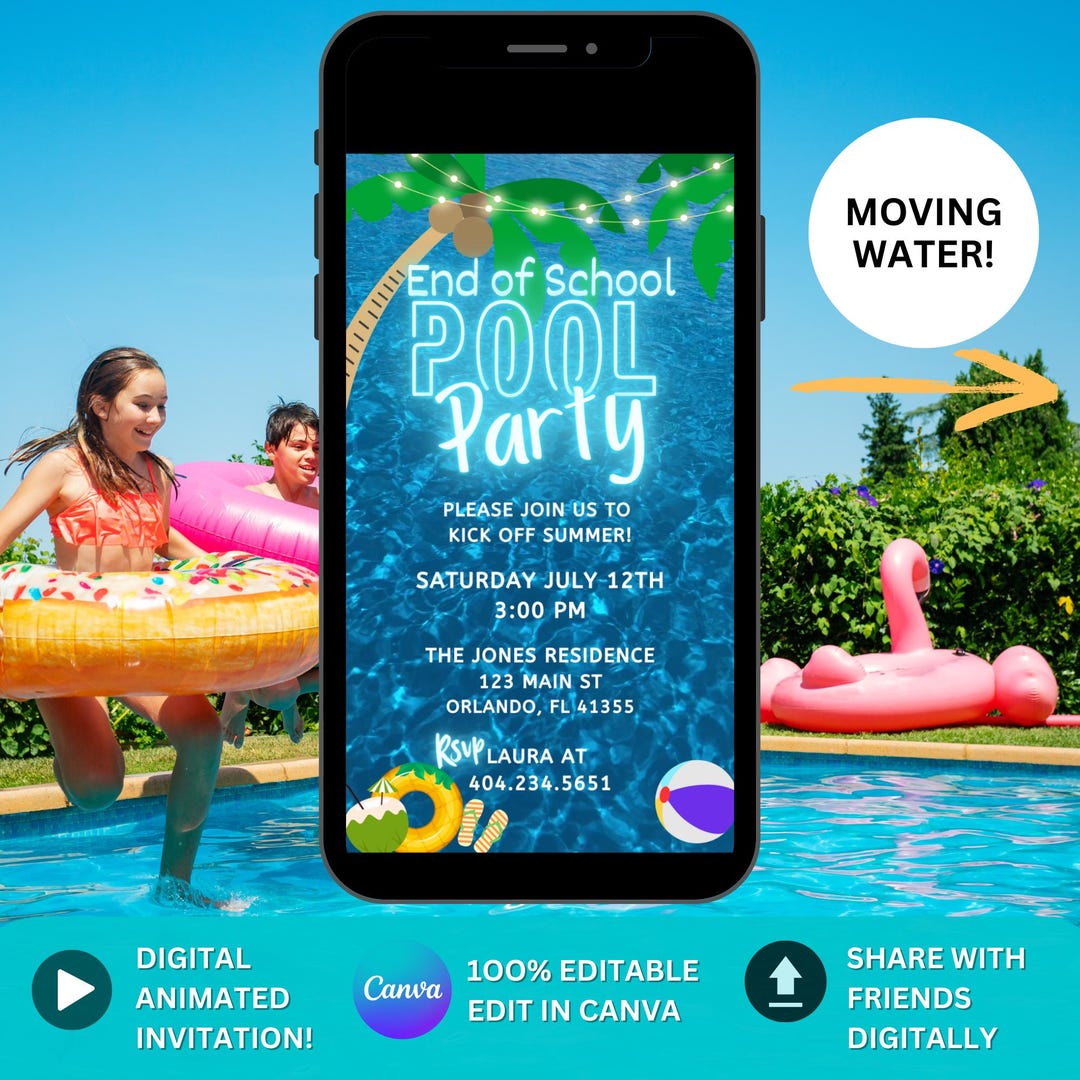 Animated End of School Pool Party Invitation Editable Hello Summer ...