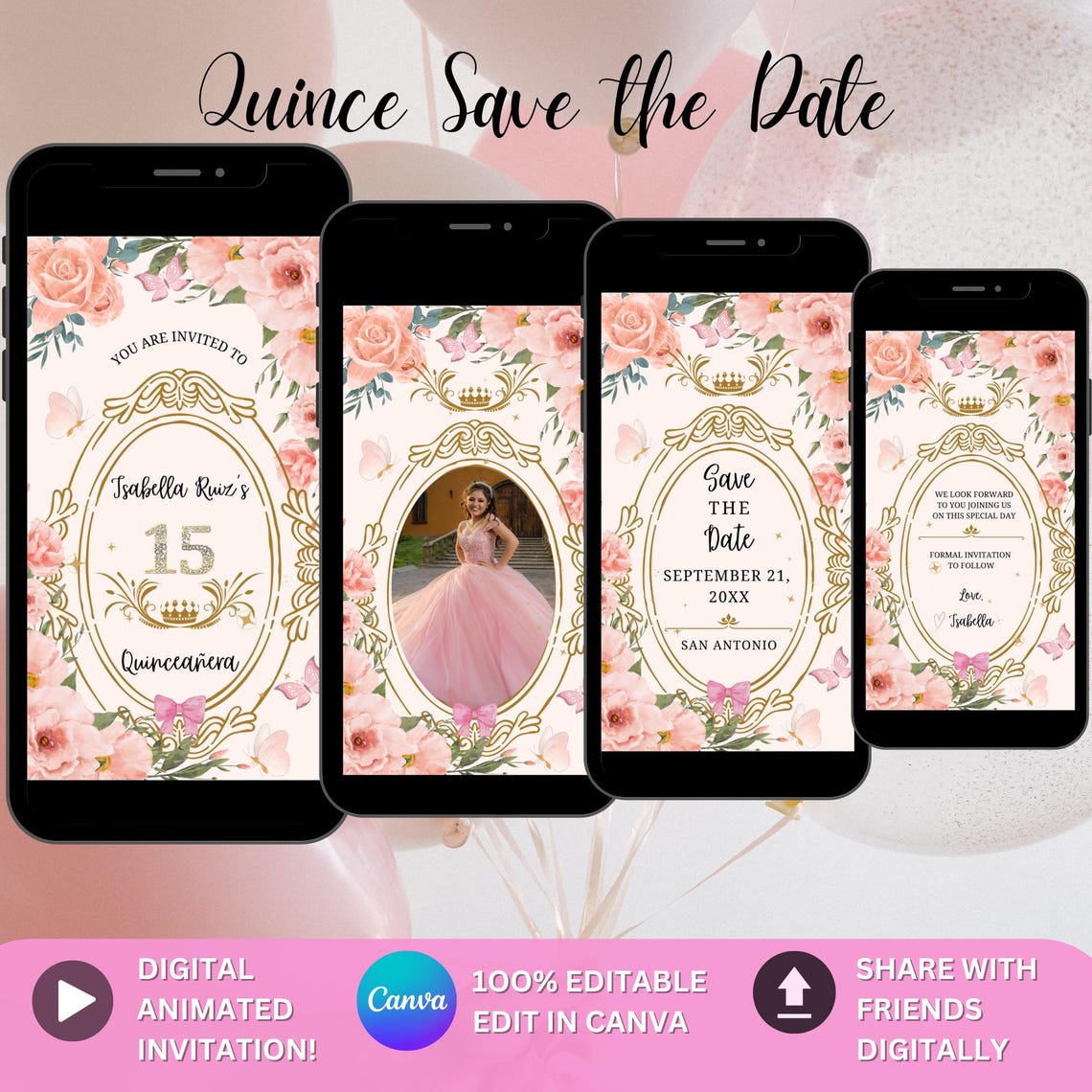 Animated Quinceañera Save the Date, 15th Birthday Invite, Canva XV ...