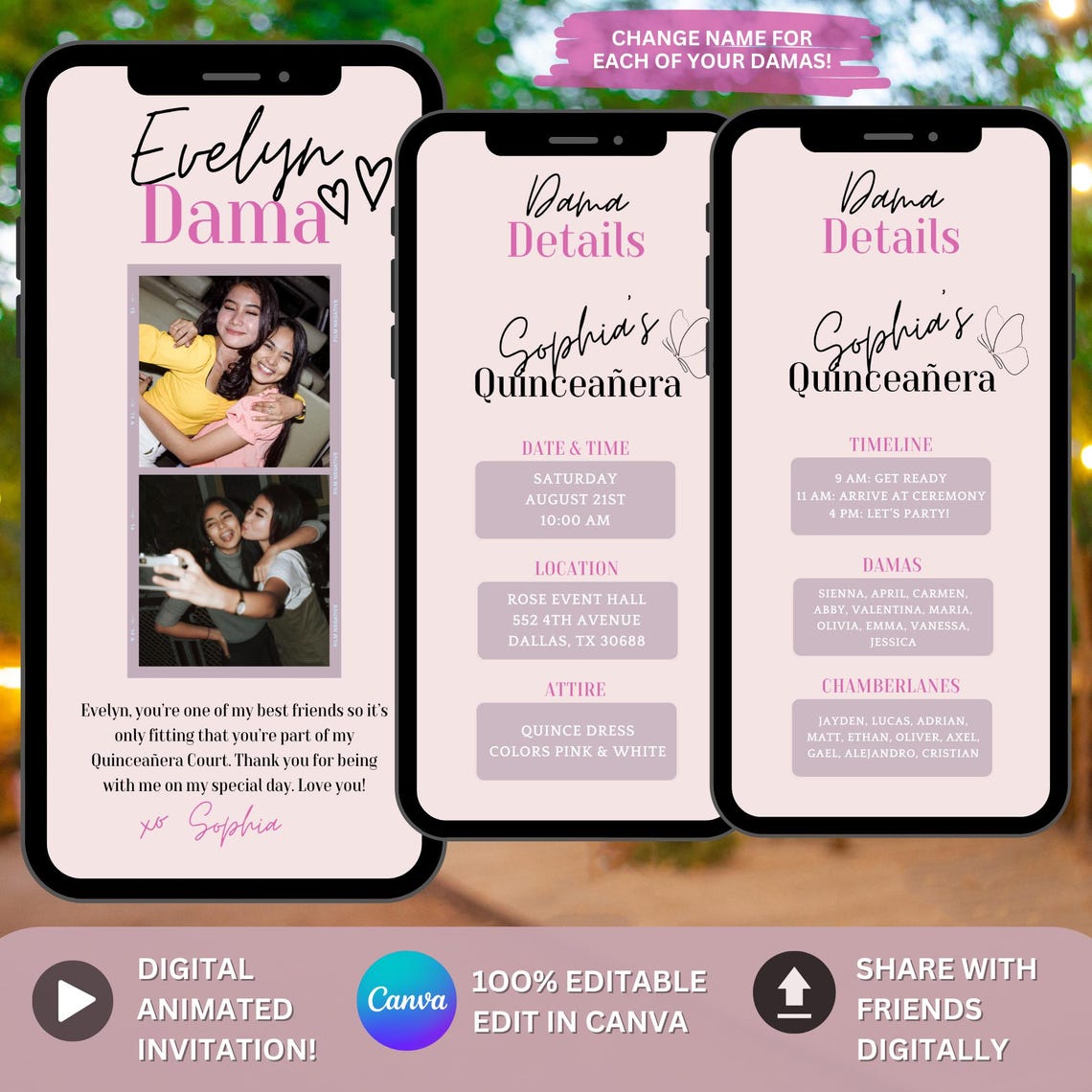 Editable Quinceañera Court Dama Info by Phone Mis Quince Años Dama ...