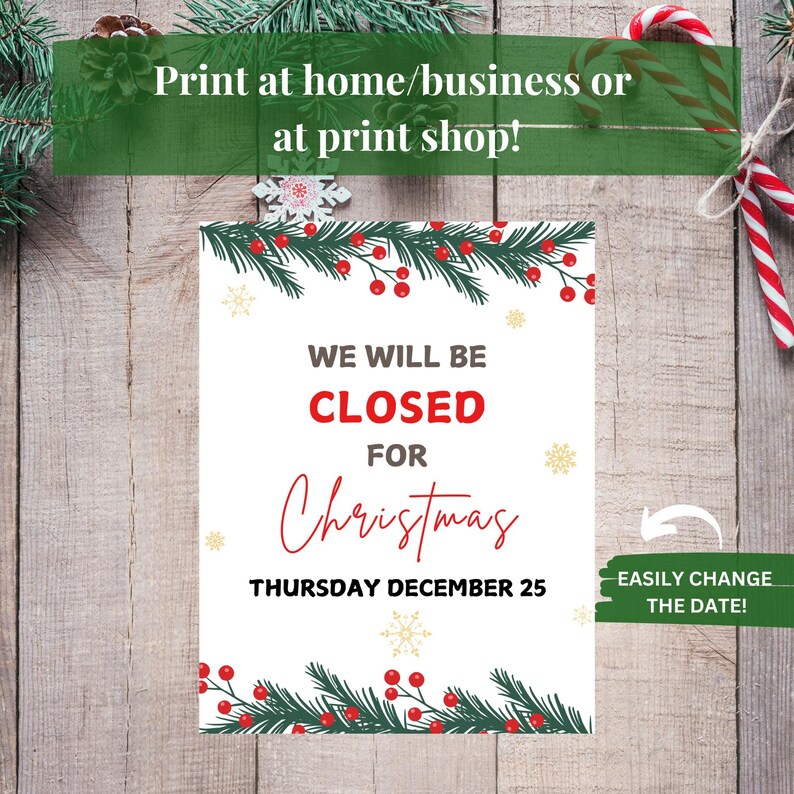 Closed for Christmas Sign Printable, Christmas Day Closed Sign for ...