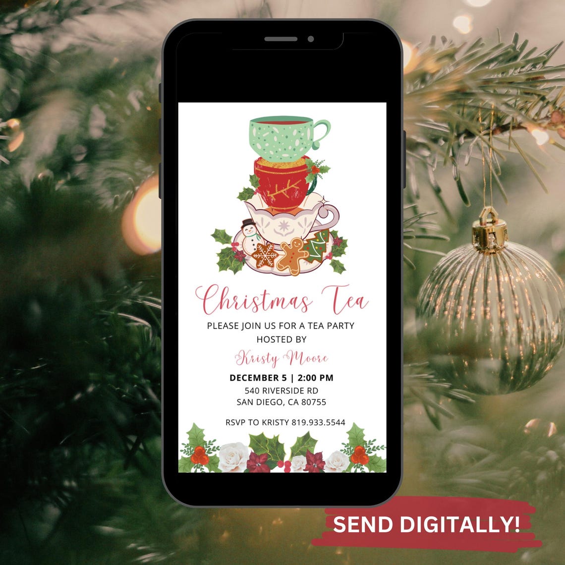 Digital Christmas Tea Party Invitation, Editable Christmas Tea Party ...