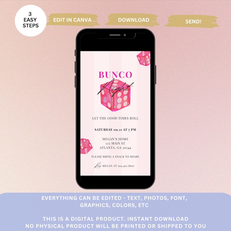 Animated Bunco Digital Invitation Template, Pink Dice Game Night Invite ...