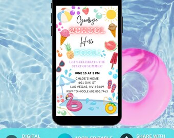 Goodbye School Hello Pool Invitation Template, End of School Party ...
