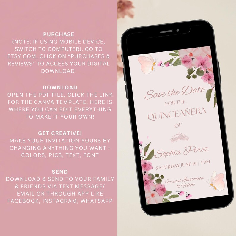 Quinceañera Save the Date Invitation Pink Floral. Digital Mis Quince ...