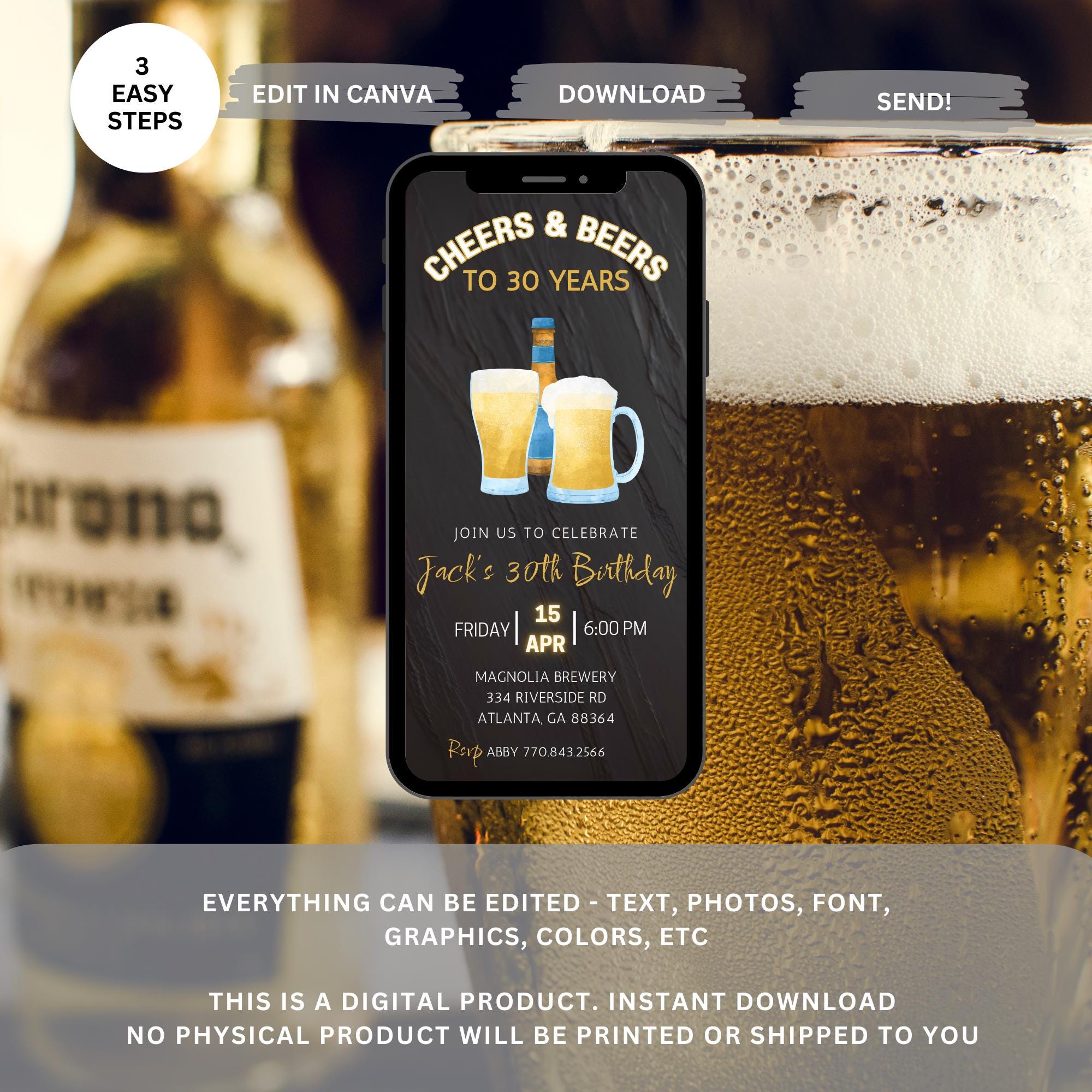Editable Cheers and Beers to 30 Years Birthday Party Mobile Invitation ...