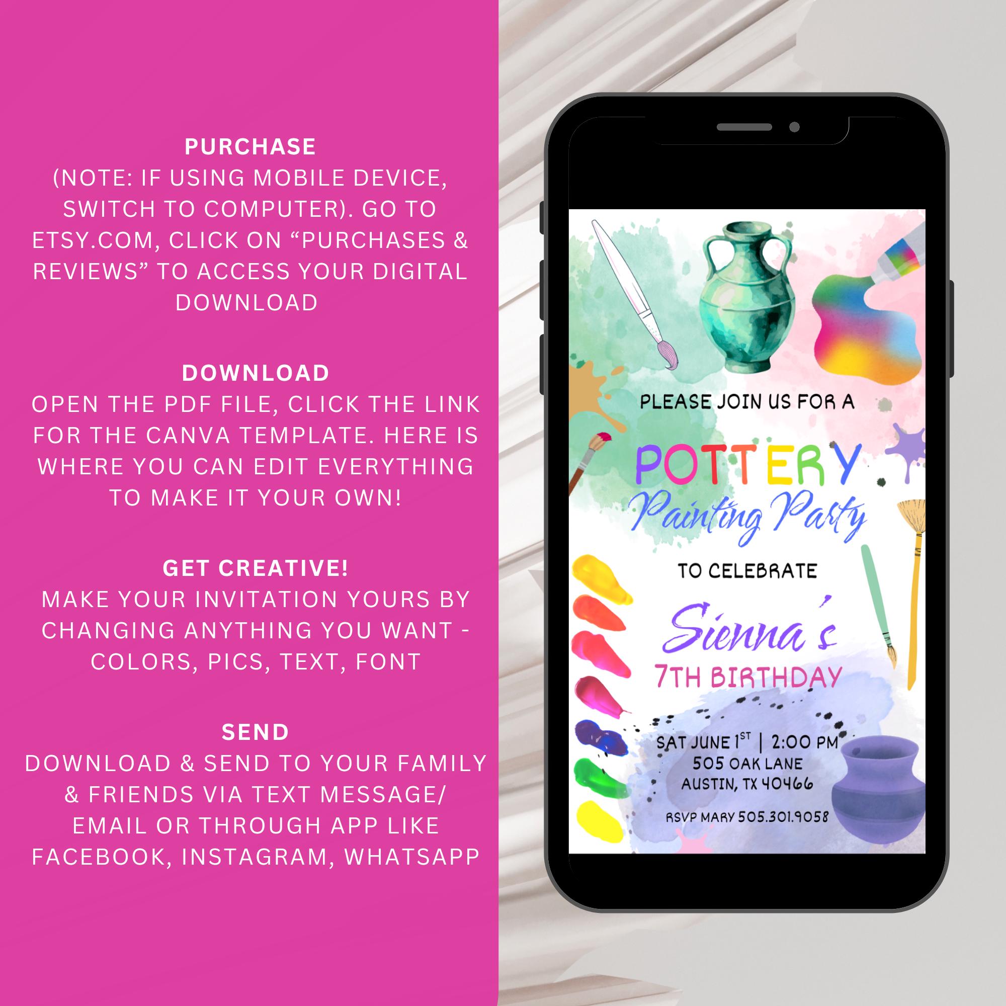 Editable Pottery Art Birthday Party Invitation, Pottery Painting ...