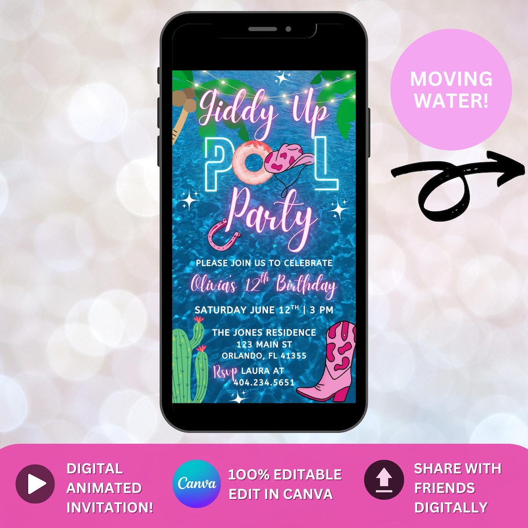 Editable Giddy up Cowgirl Pool Party Invitation, Animated Pink Western ...