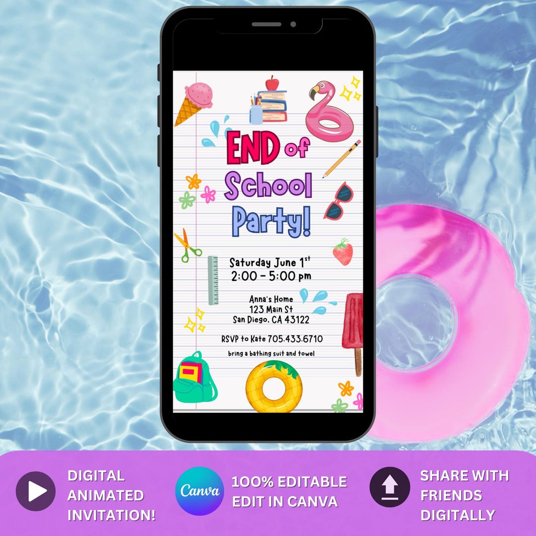 End of School Party, End of School Pool Party Digital Invite, Editable ...