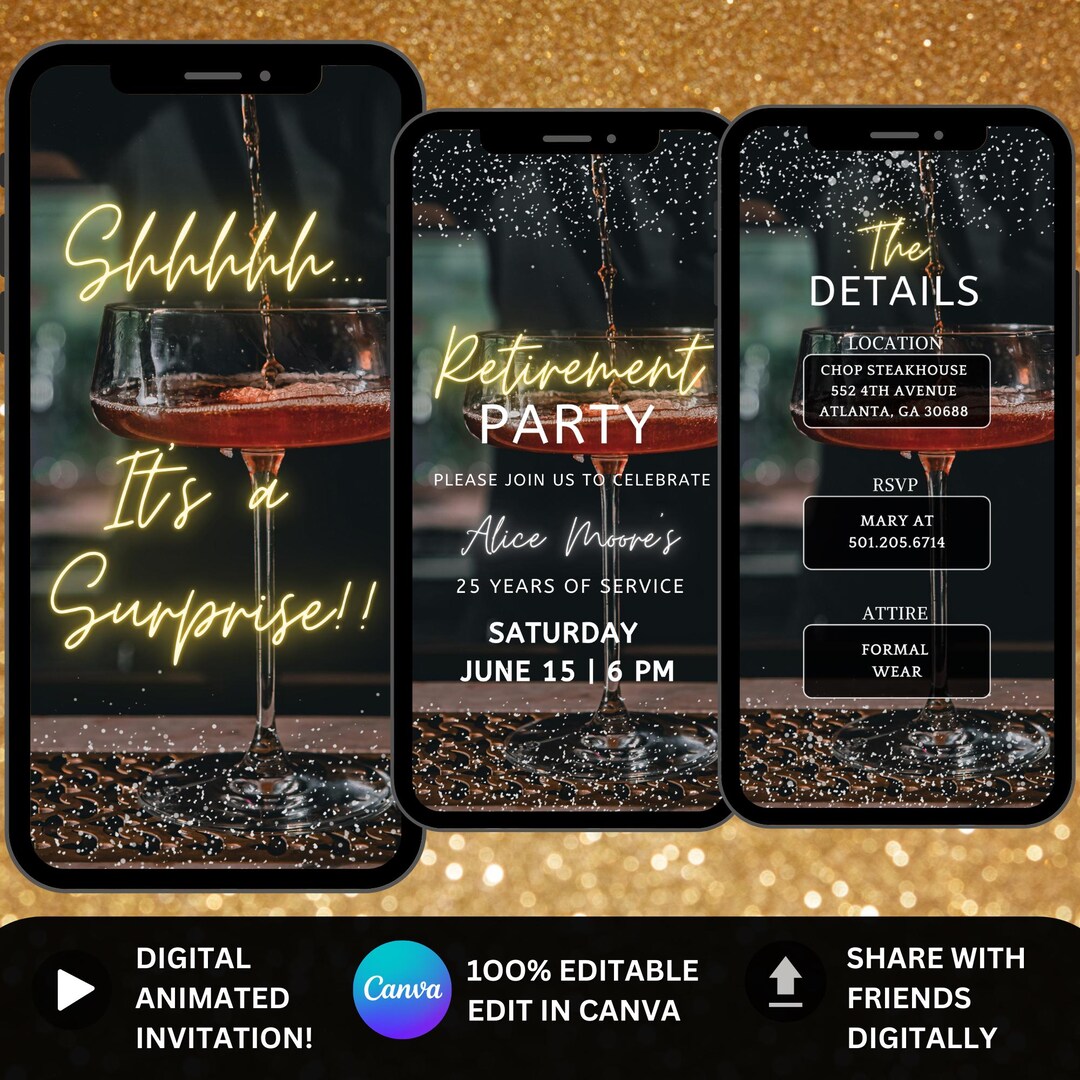 Surprise Retirement Party Invitation. Digital Animated Black and Gold ...