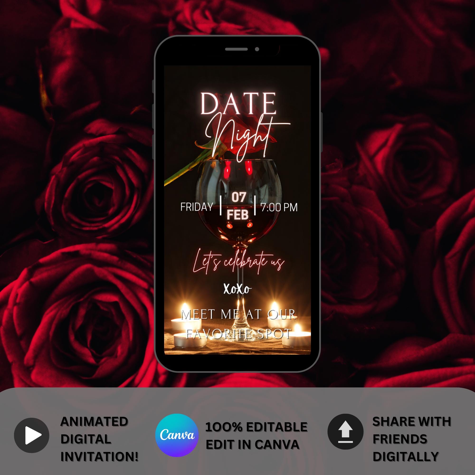 Dinner Date Night Digital Invitation Editable Animated Canva Template ...