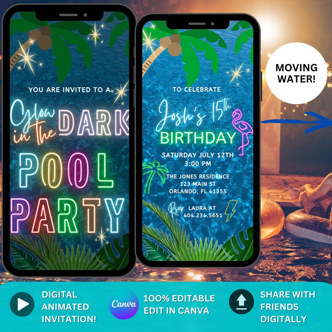 Glow Pool Party Invitation Animated Glow in the Dark Neon Glow in the ...