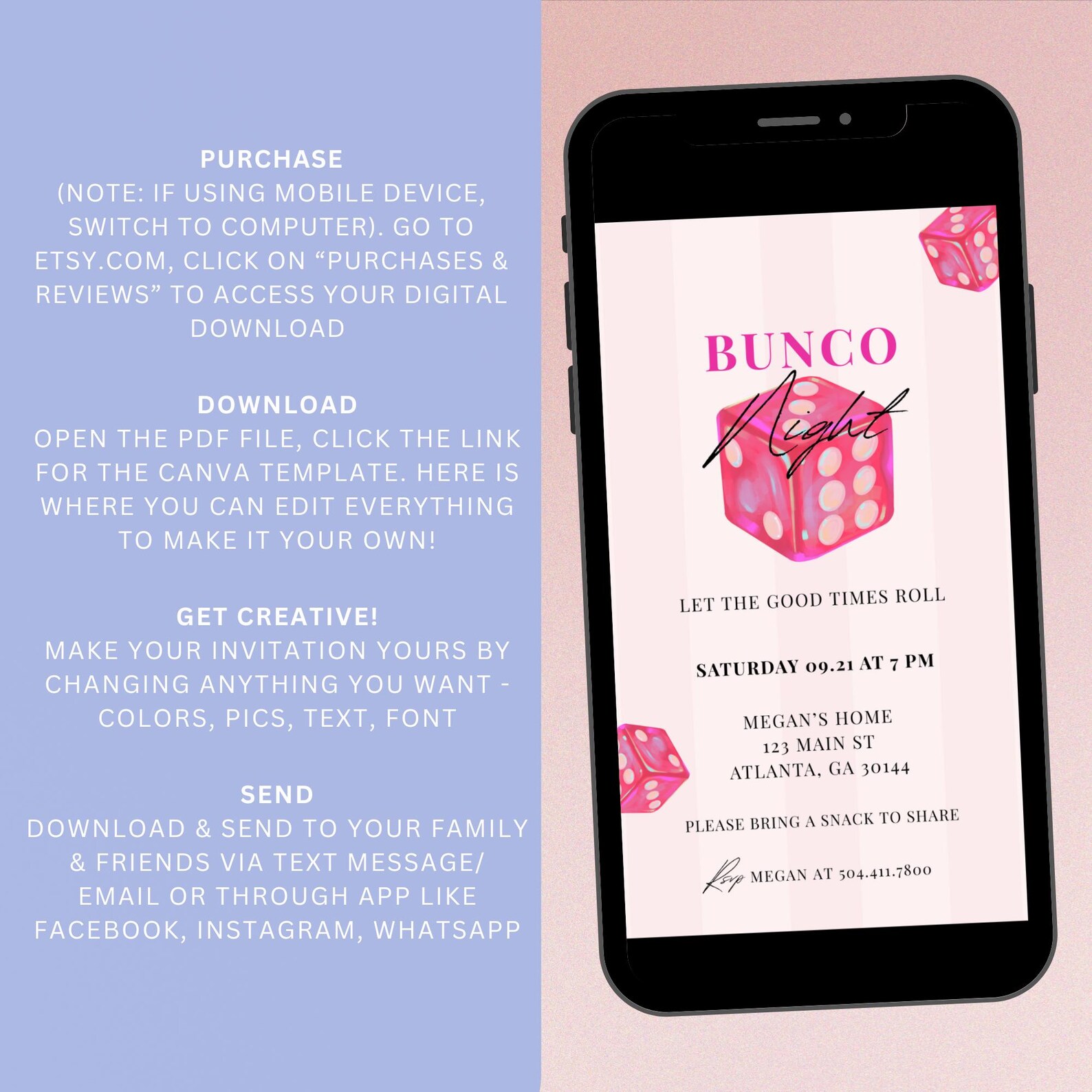 Animated Bunco Digital Invitation Template, Pink Dice Game Night Invite ...