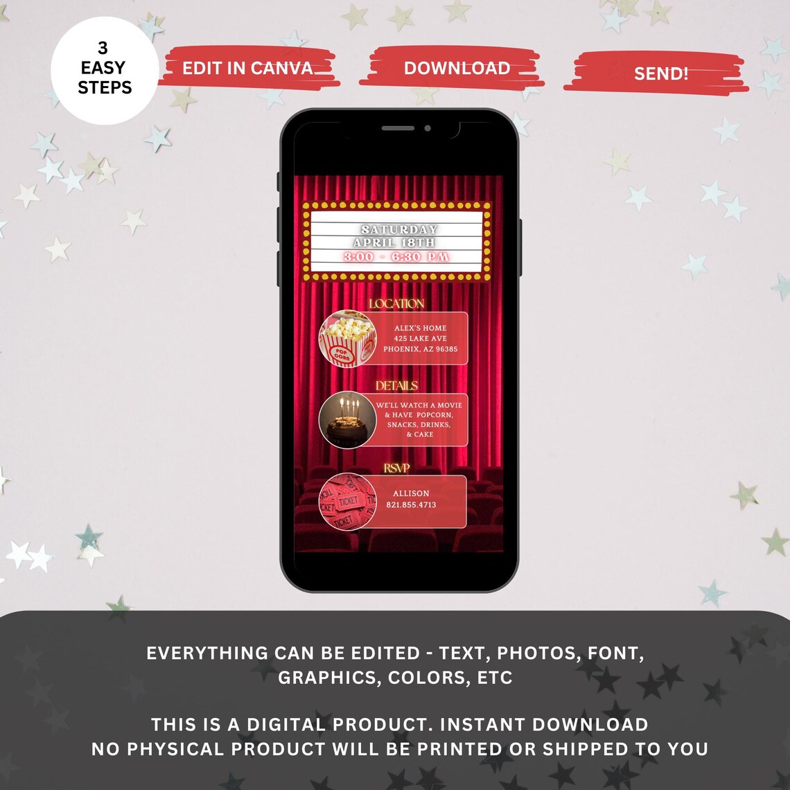 Movie Birthday Party Invitation Digital Animated Movie Theater Invite ...