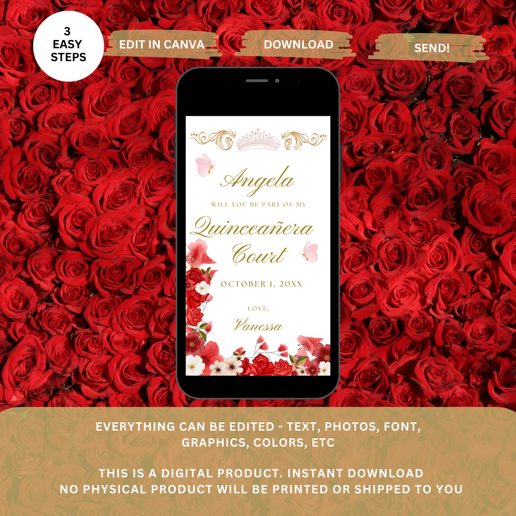 EDITABLE Quinceanera Court Proposal Template, Red Roses Flowers, Will ...
