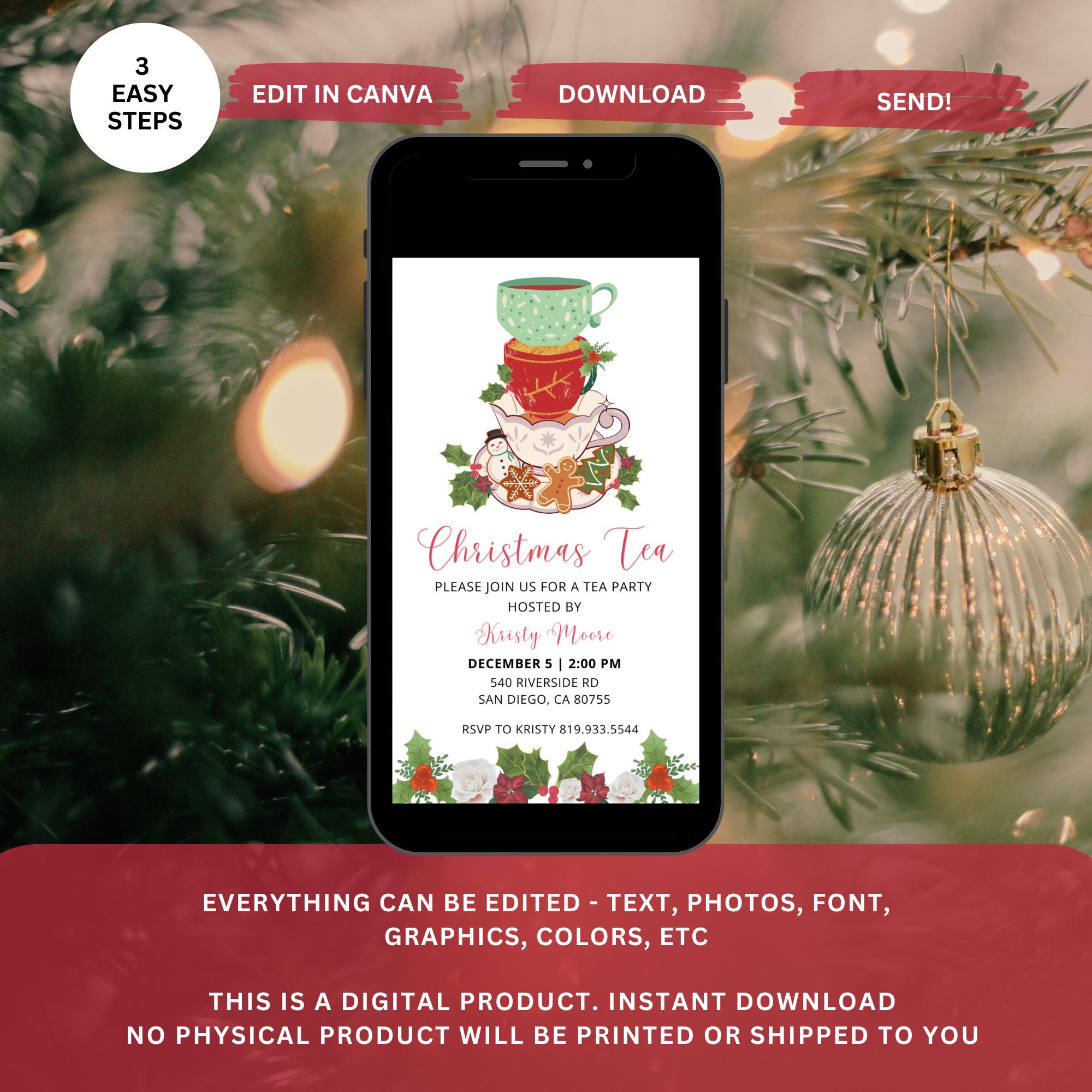 Digital Christmas Tea Party Invitation, Editable Christmas Tea Party ...