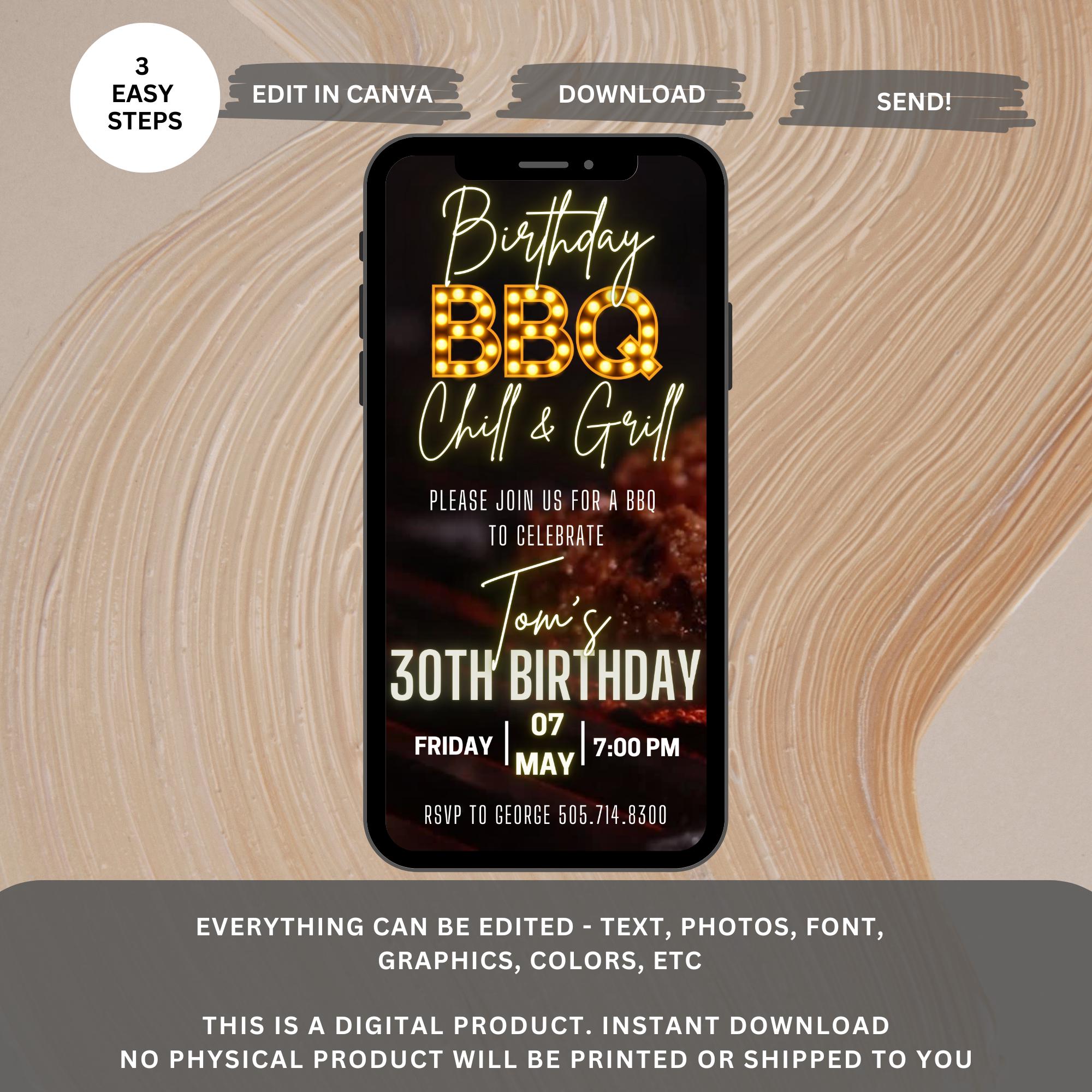 Digital Birthday BBQ Invitation. Animated Barbeque Party Invite. Rustic ...