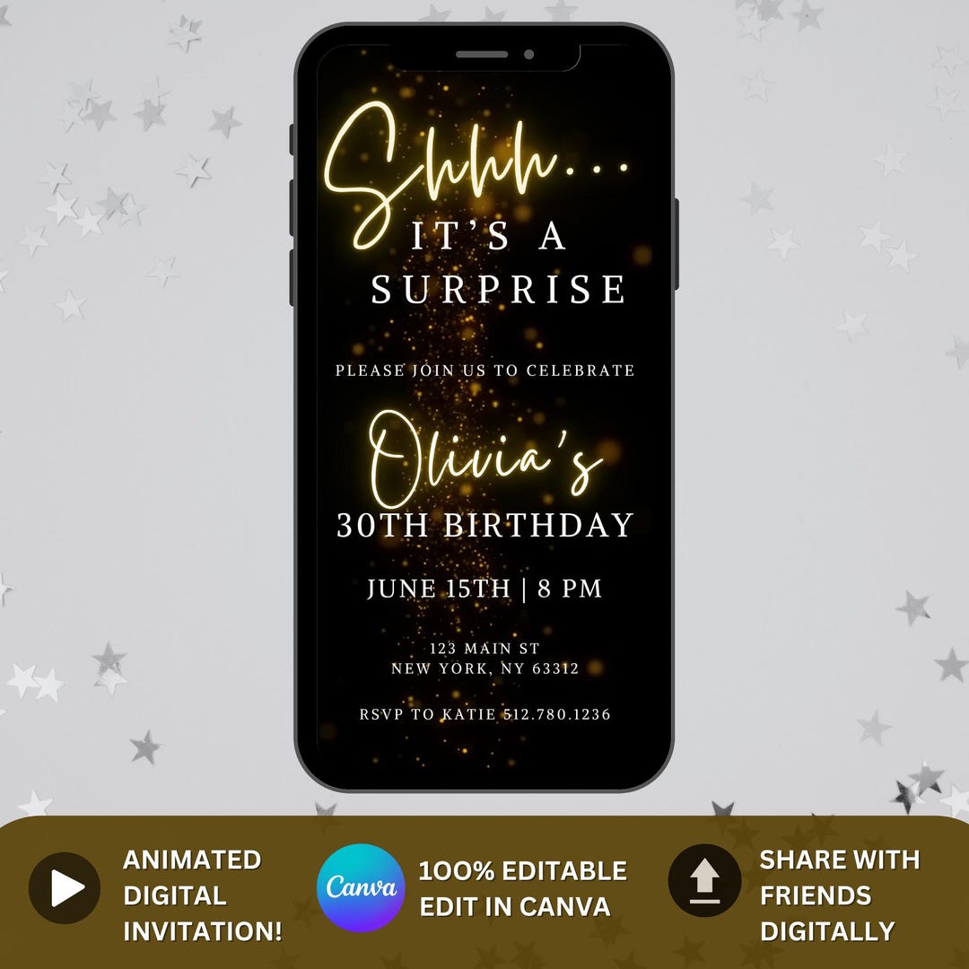 Shhh It's a Surprise Birthday Video Invitation, Gold Black Glitter ...