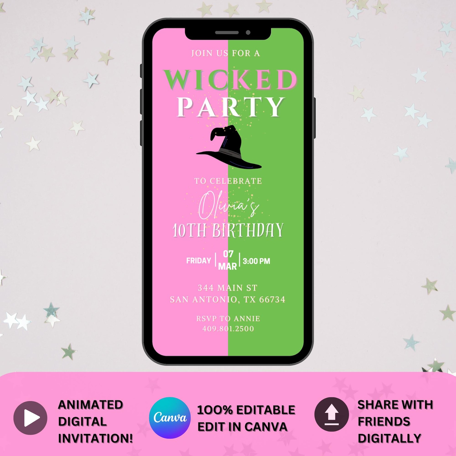 Wicked Birthday Party Invitation Digital Animated Musical Wicked Theme ...