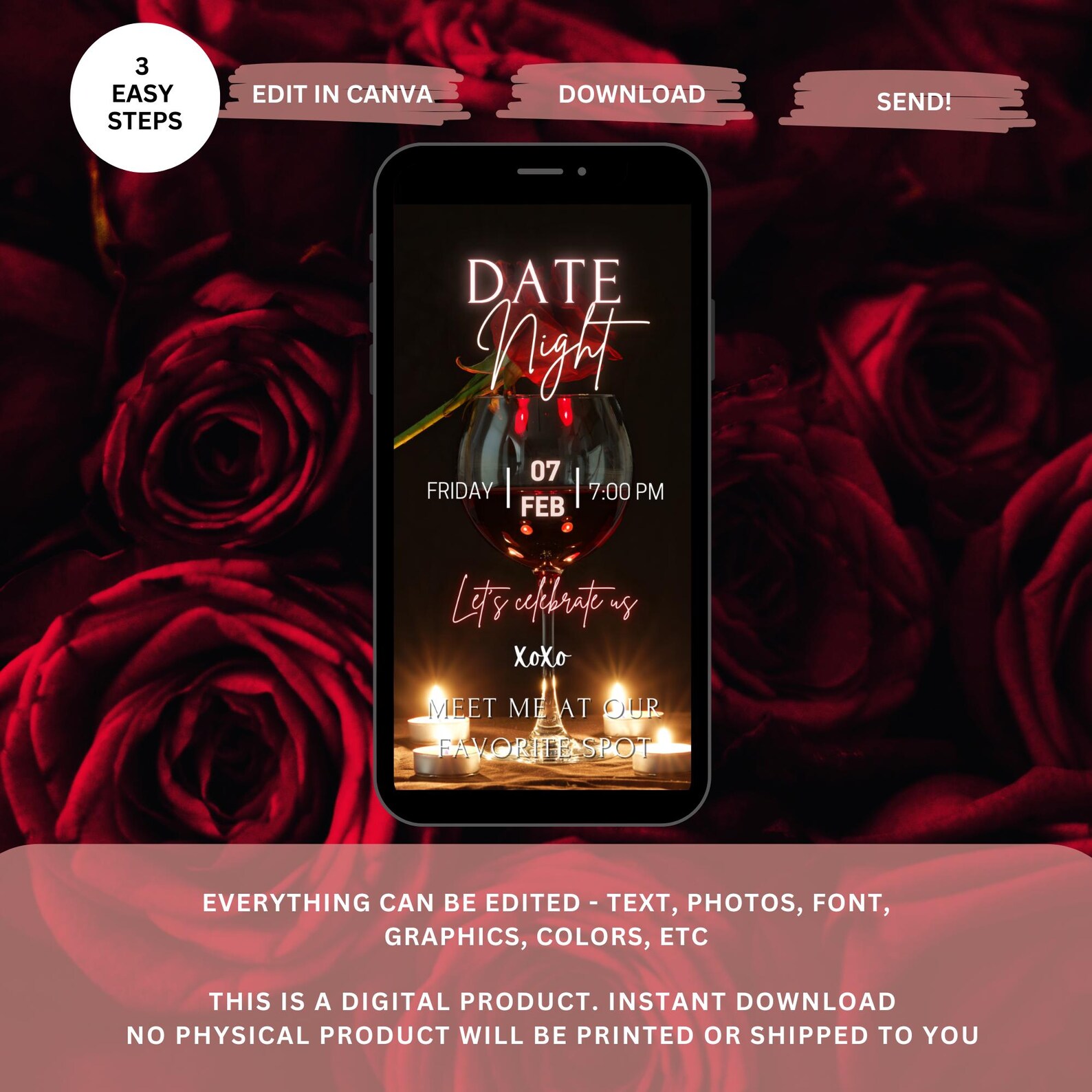 Dinner Date Night Digital Invitation Editable Animated Canva Template ...
