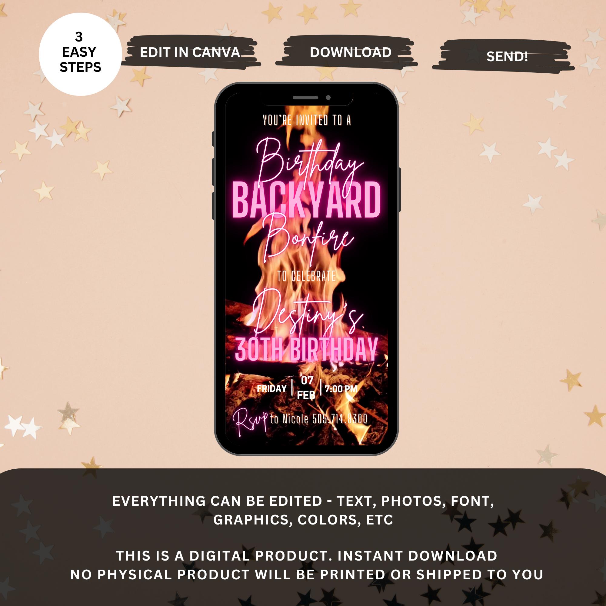 Birthday Backyard Bonfire Invitation. Digital Neon Pink Party Invite ...