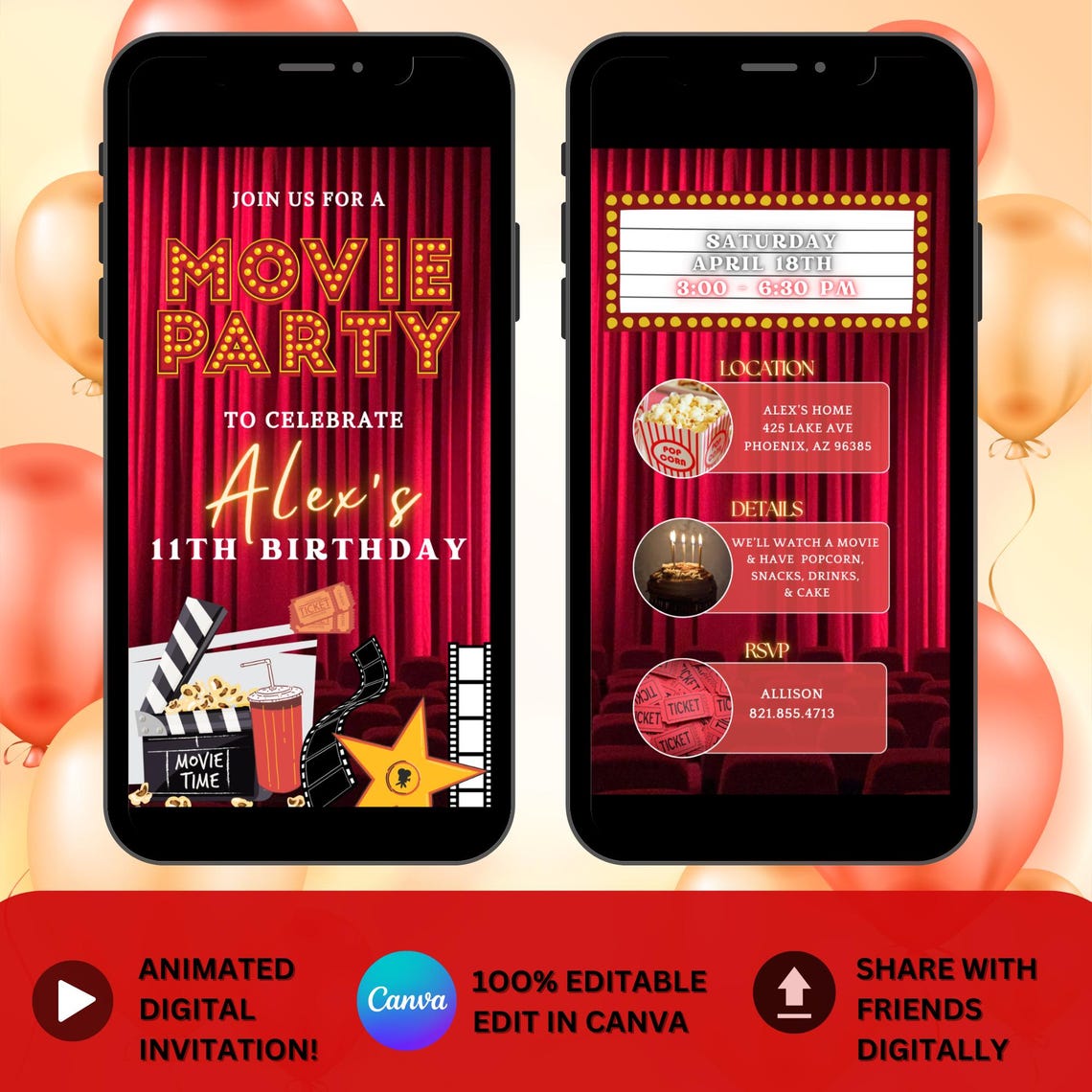 Movie Birthday Party Invitation Digital Animated Movie Theater Invite ...
