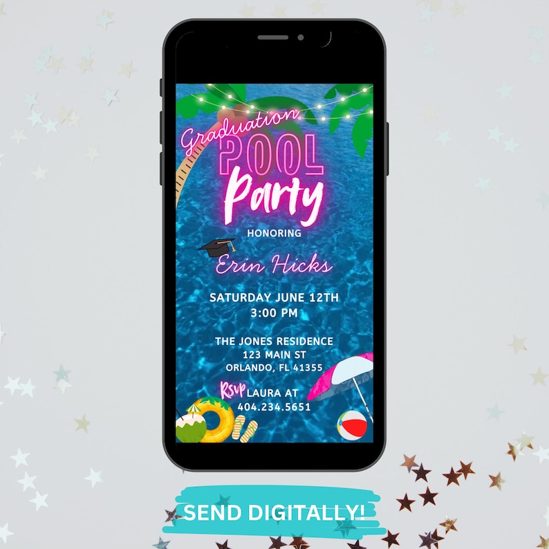 Neon Pink Graduation Pool Party Invitation. Digital Girls Pink Class of ...