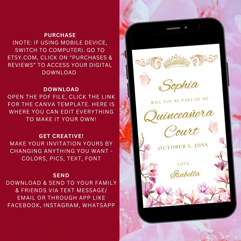 EDITABLE Quinceanera Court Proposal Template, Blush Pink Flowers, Will ...