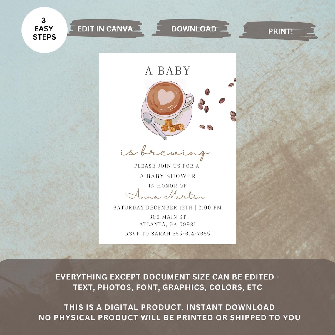 Coffee Bean Baby Shower Invitation, Editable A Baby is Brewing Coffee ...