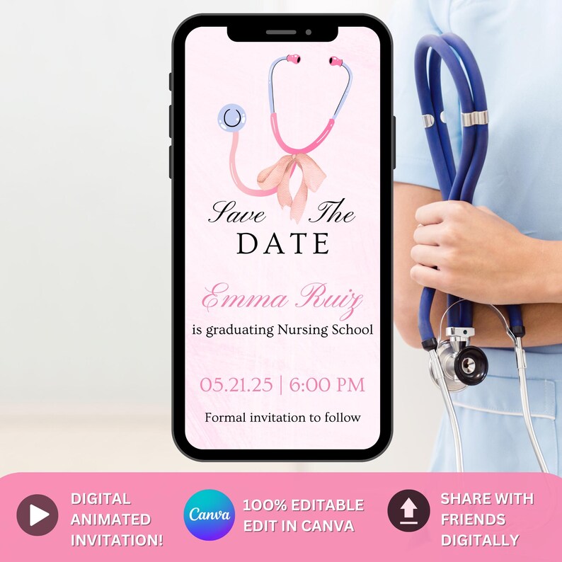 Nurse Graduation Save the Date Invitation. Digital Pink Bow Nursing ...