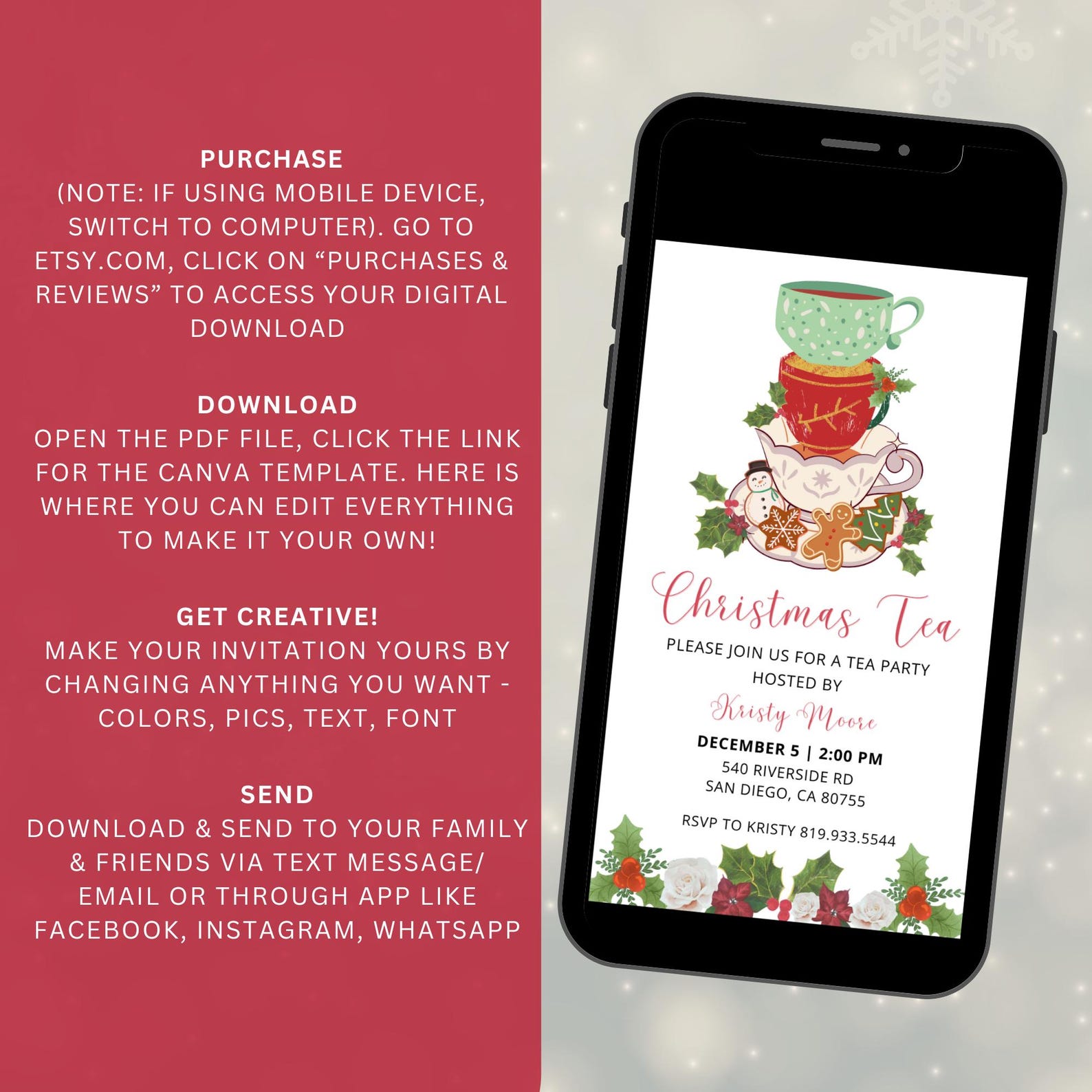 Digital Christmas Tea Party Invitation, Editable Christmas Tea Party ...