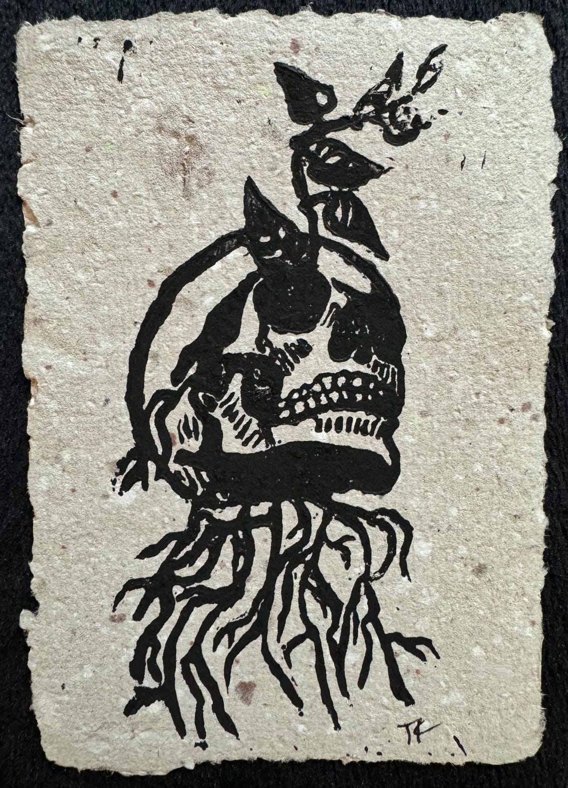 Skull and Vines Linocut Print on Handmade Paper - Etsy