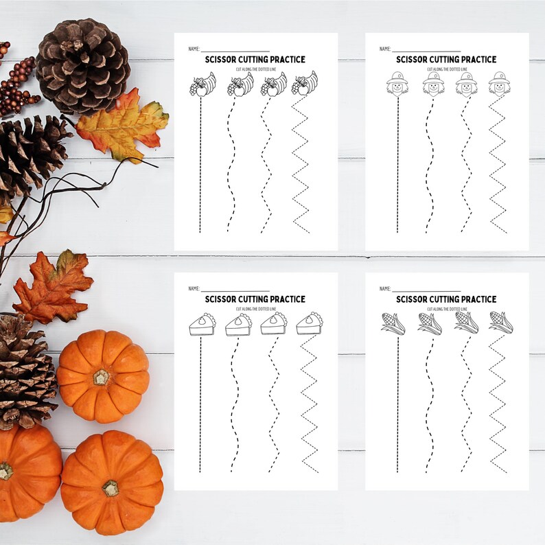 Fall Themed Scissor Cutting Practice Worksheets, Preschool Daycare Fine ...