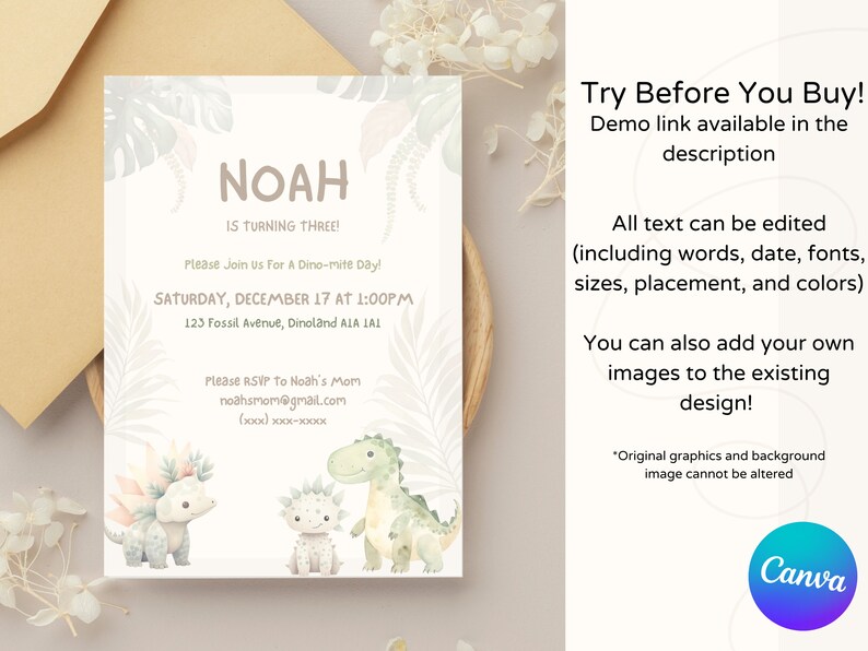 Editable Dinosaur Birthday Invitation Template for Kids Party With ...