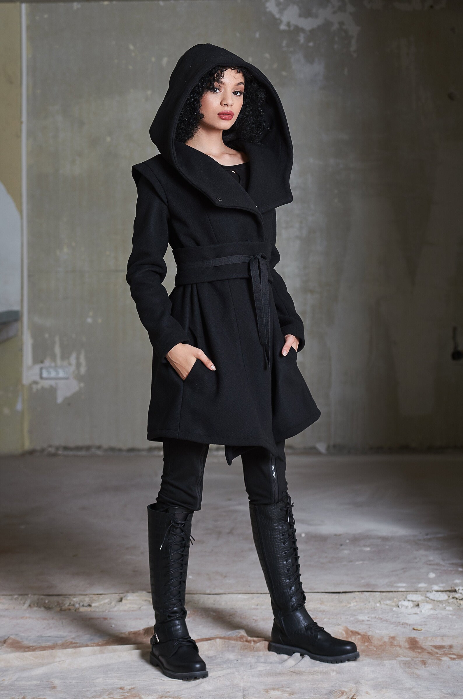 Black Wool Hooded Coat, Belted Winter Coat - Etsy