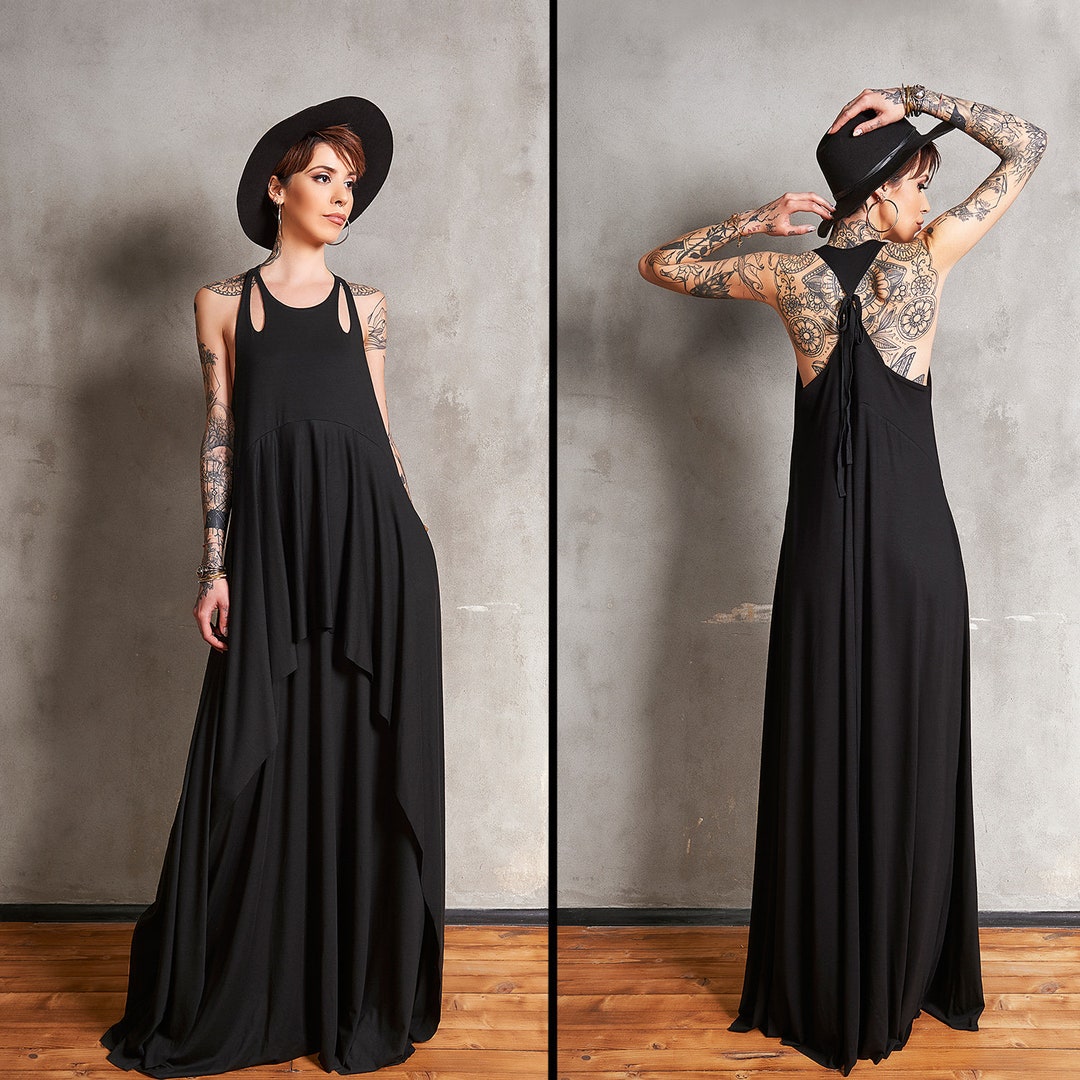 Black Kaftan Maxi Dress, Open Back, Plus Size Boho Festival Clothing - Etsy