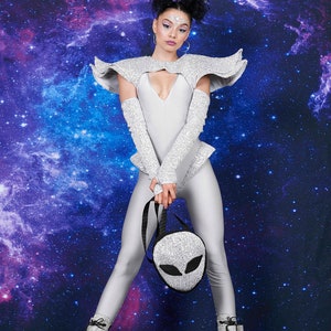 Halloween Gloves Woman, Alien Gloves, Silver Sequin Gloves, Alien ...