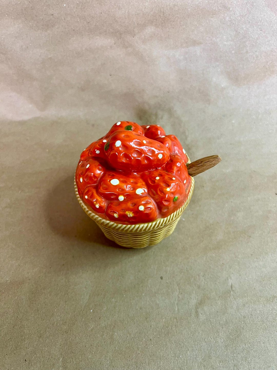 Vintage Ceramic Strawberry Jam Jar in Wicker Basket With Lid and Spoon ...