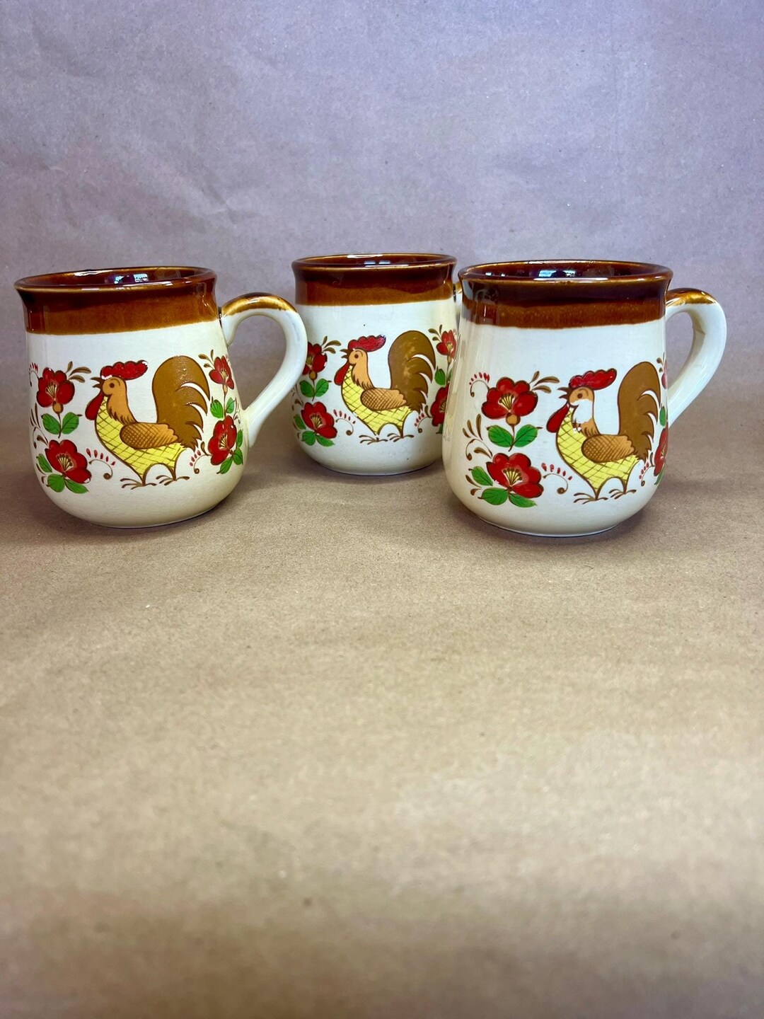 Vintage Rooster With Flowers Coffee Mugs (set of 3) - Etsy