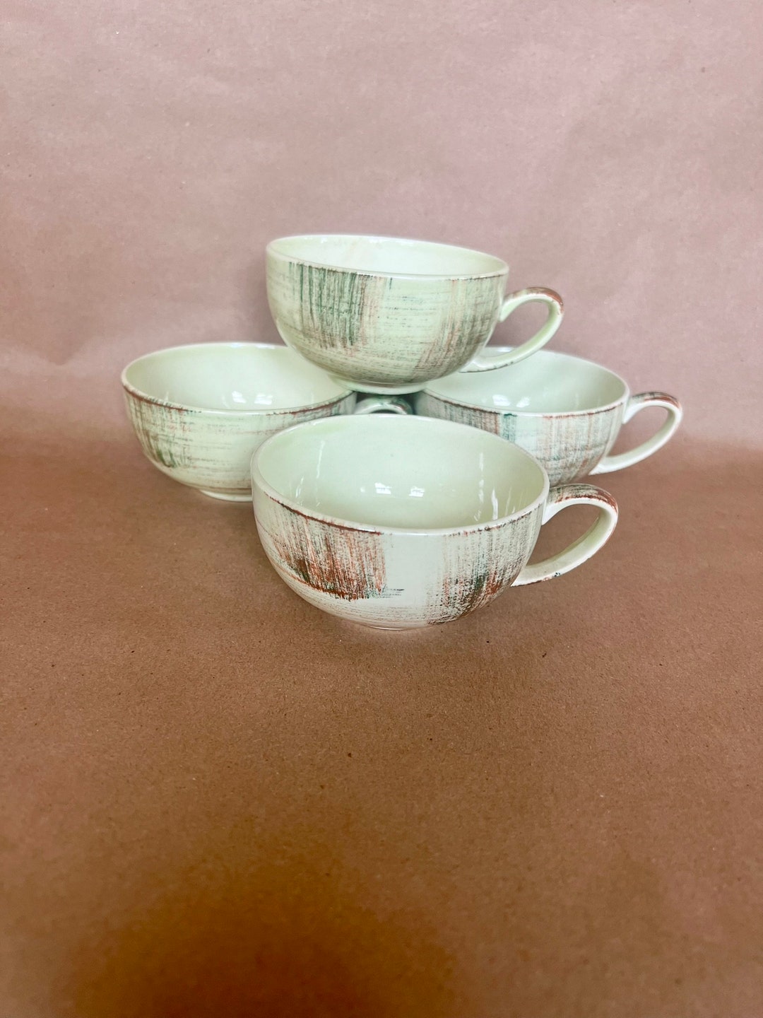 Set of 4 Vintage Vernonware Raffia Pattern Coffee Cups, Hand Painted ...