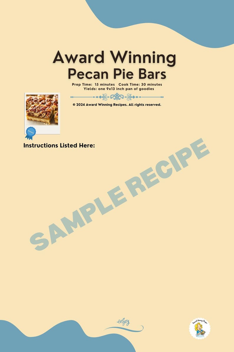 Award Winning Pecan Pie Bars Recipe, Gourmet Holiday Dessert, Digital ...