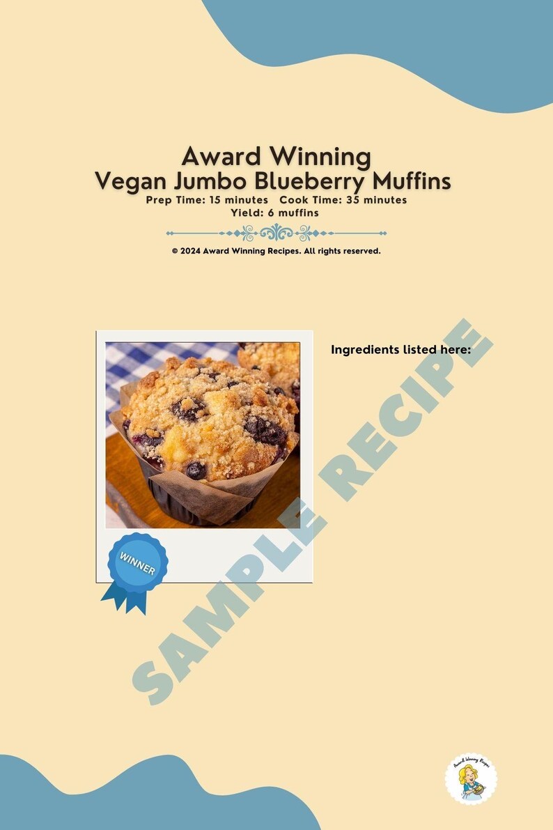 Vegan Jumbo Blueberry Muffins, Award Winning Recipe, Instant Download ...