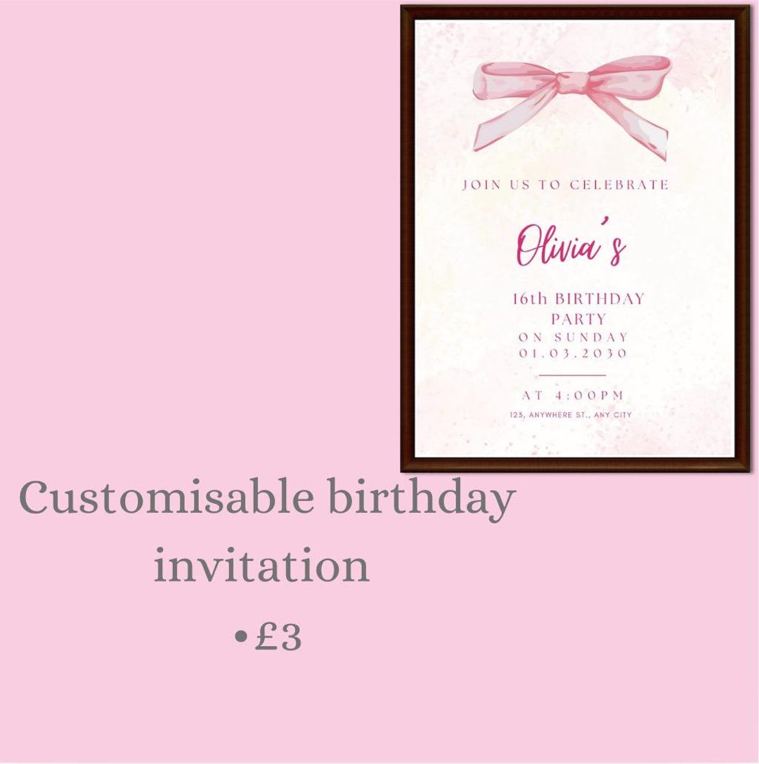 Pink Bow Birthday Invitation - Etsy