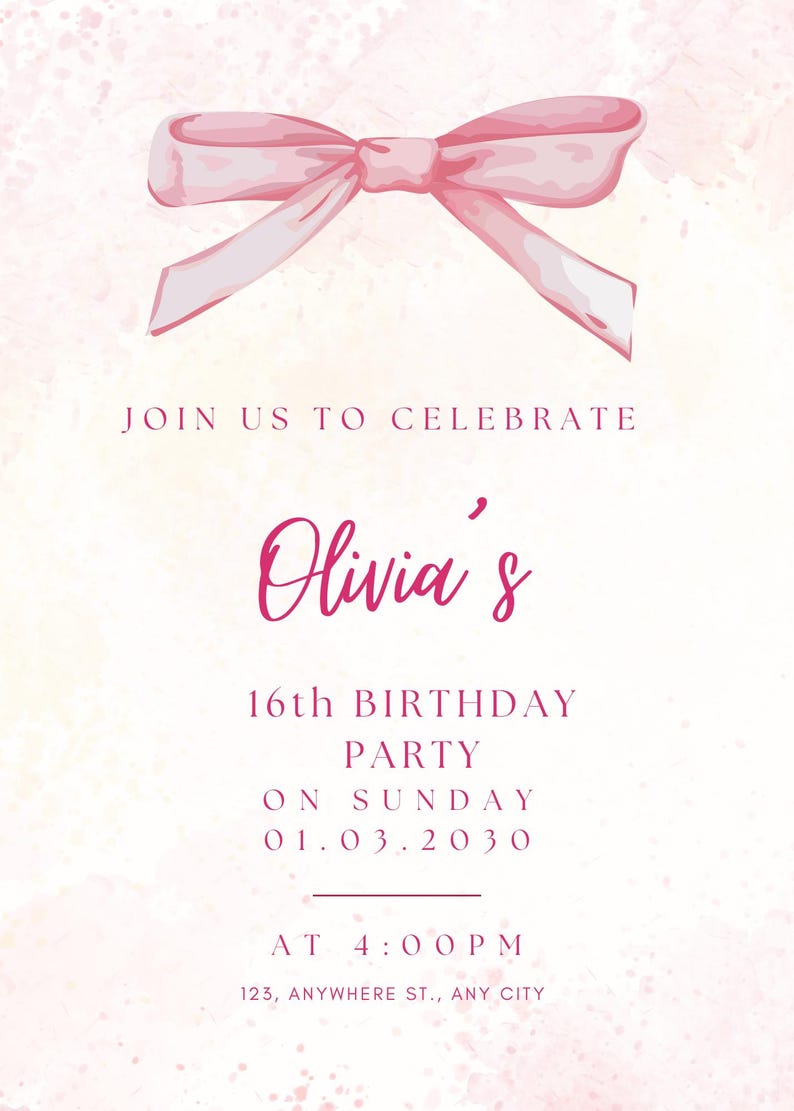 Pink Bow Birthday Invitation - Etsy