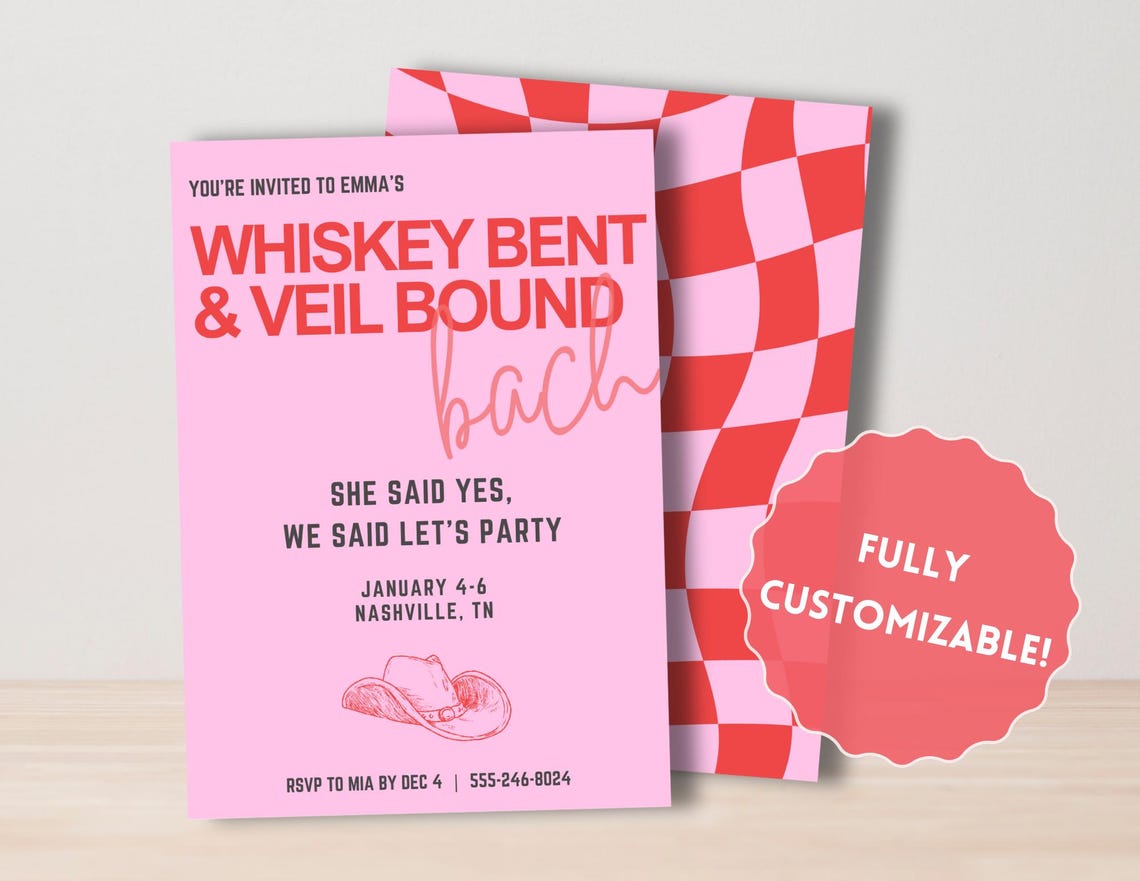 Whiskey Bent and Veil Bound Bachelorette Party Invitation Template - Etsy
