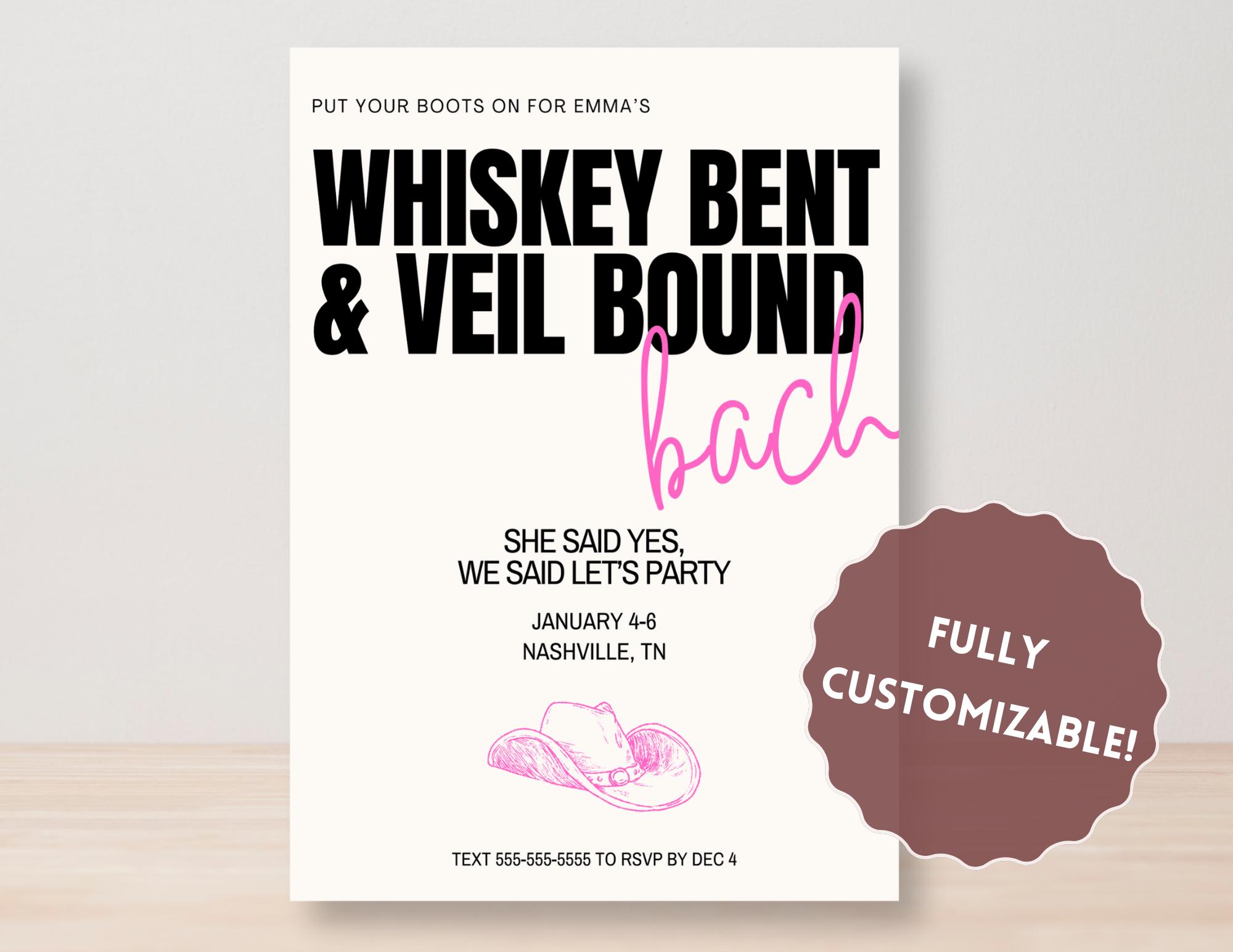 Whiskey Bent and Veil Bound Bachelorette Party Invitation - Editable ...