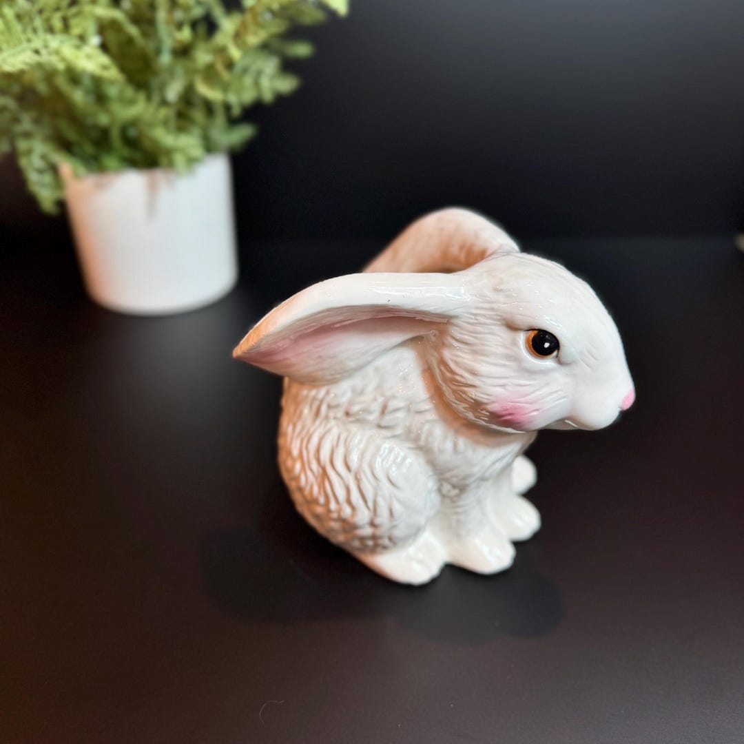 Cute Bashful Bunny Ceramic Planter, White Rabbit Statue With Cute Face ...