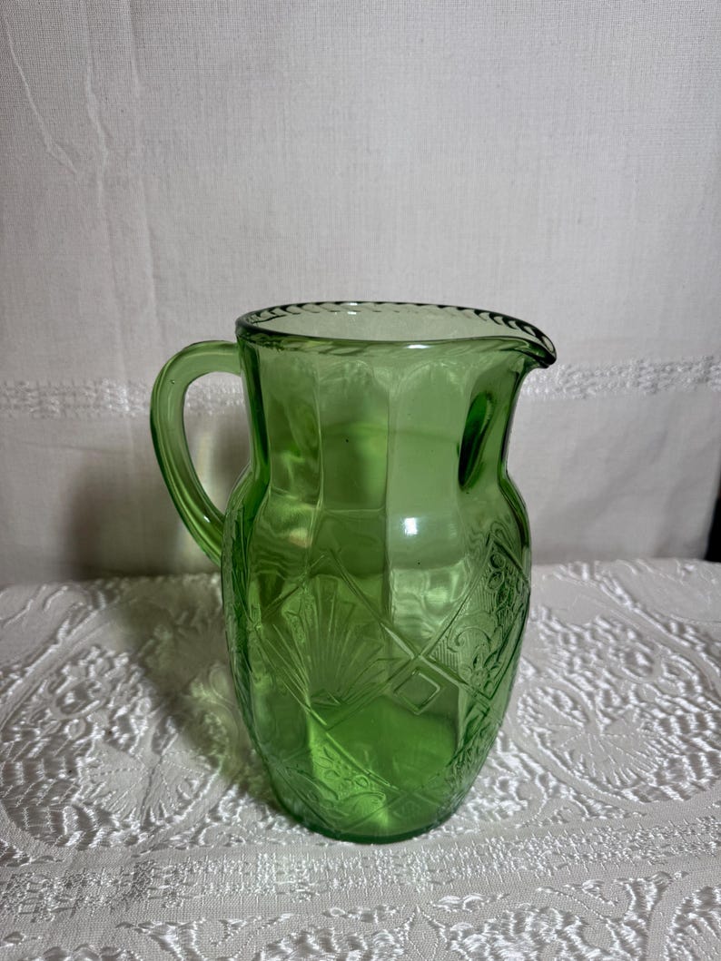 Uranium Art Deco Glass Pitcher, Green Depression Glass, Retro Kitchen ...