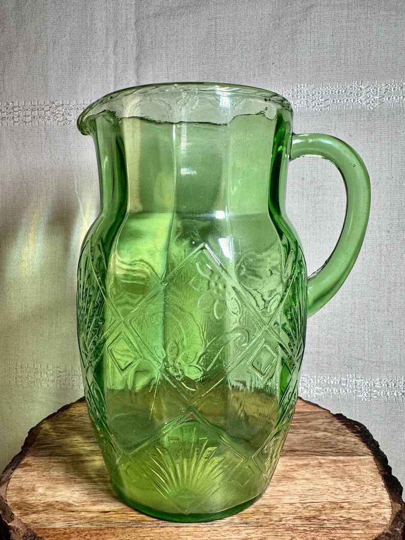 Uranium Art Deco Glass Pitcher, Green Depression Glass, Retro Kitchen ...