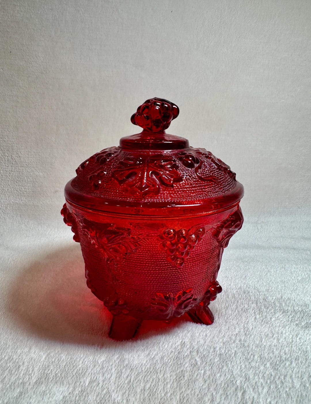 Vintage Ruby Red Glass Candy Dish With Lid, Jeanette Glass Grape and ...