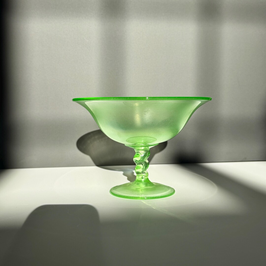 Antique Uranium Stretch Glass Flared Compote, US Glass Ice Green ...